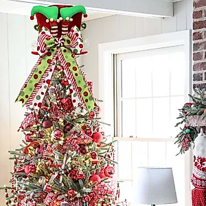 Montekin Christmas Tree Topper Hat with Bow, Red Velvet Top Hat Ornament with Elf Legs and Red & Green Polka Dot Bow, Winter Holidays Xmas Decor for Home Decoration