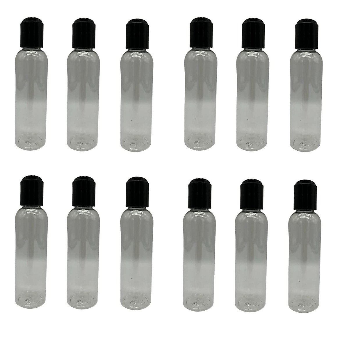 Natural Farms 4 oz Clear Cosmo Plastic Bottles -12 Pack Empty Bottle Refillable - BPA Free - Essential Oils - Aromatherapy | Black Press Down Disc Cap - Made in the USA