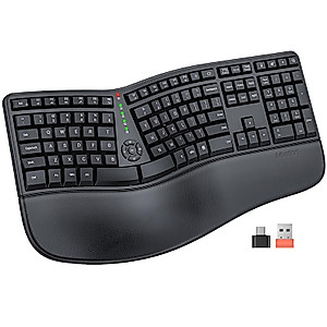 MEETION Ergonomic Keyboard, Split Wireless Keyboard with Cushioned Wrist, Palm Rest, Curved, Natural Typing Full Size Rechargeable Keyboard with USB-C Adapter for PC/Computer/Laptop/Windows/Mac, Black