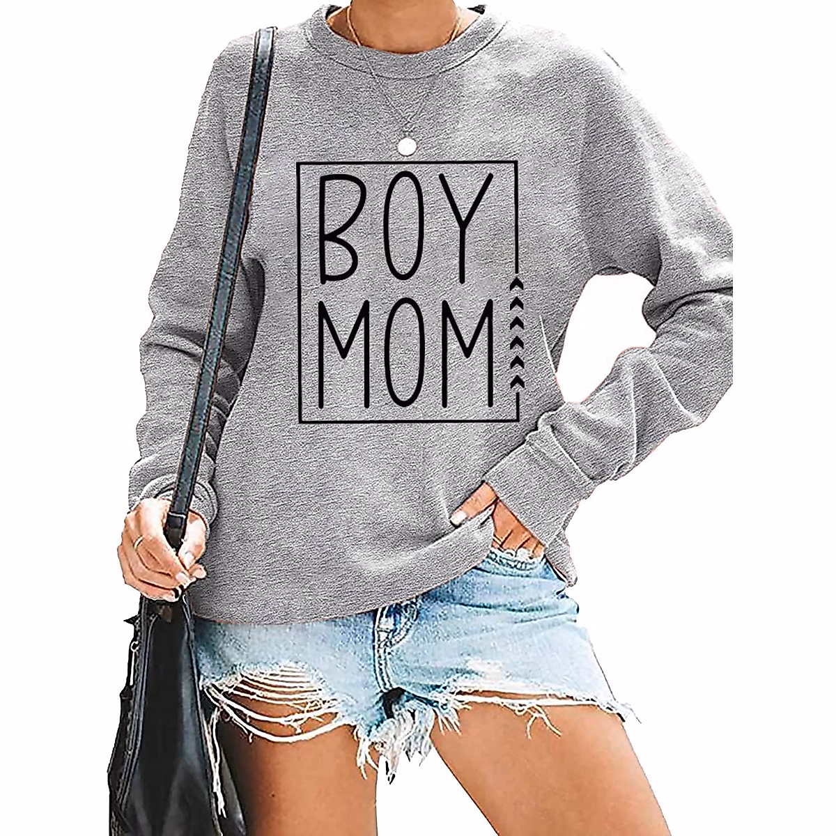 Boy Mom Sweatshirt for Women Casual Fall Winter Long Sleeve Pullover Tops Funny Letter Print Boy Mama T Shirt (M, Gray)