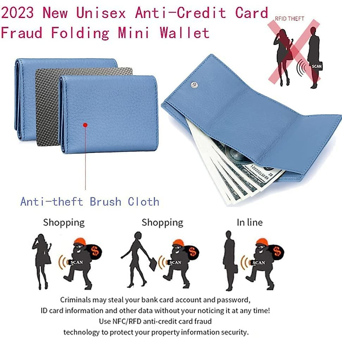 2023 New Unisex Anti-Credit Card Fraud Folding Mini Wallet, 2023 New Vegan Mini Wallet for Women, Leather RFID Blocking Card Holder – Pocket Mini Wallet (Blue)