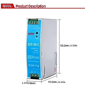 NVVV EDR-120-12 120W 12VDC 10Amp Industrial DIN Rail Power Supplies (12V 120W), Silver