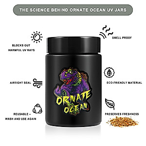 Ornate Ocean 4-Pack 250ml UV Glass Stash Jars - 4 Piece Set Multipurpose Storage Containers - Convenient Airtight Smell Free Screw Top Lid Jars Preserves and Secures Your Herbs (Tyrannosaurus)
