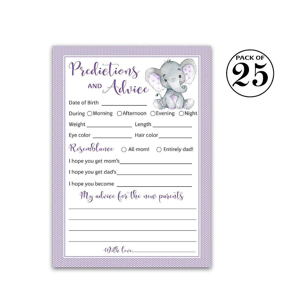 PURPLE ELEPHANT Prediction and Advice Cards - Pack of 25 - Girl Boy Baby Shower Games, New Parents, Mom & Dad to be, Mommy & Daddy Message, Couples Coed Shower Activity Keepsake Book G503-PDAV
