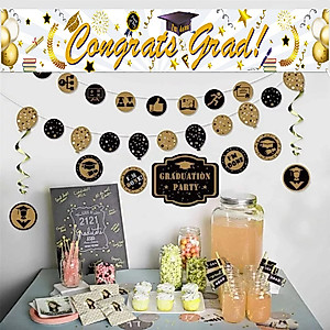 HOWAF Long Congrats Grad Fabric Banner for 2022 Graduation Party Decoration Gold and White, Graduation Banner Decoration Graduation Commencement Decoration of Table Wall Room Outdoor, with String