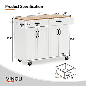 VINGLI Kitchen Island Cart with Storage on Wheels White Rolling Coffee Bar Trolley Buffet Cabinet with 4 Doors and 2 Drawers, Towel Handle, Spice Rack, Solid Wood Top, Lockable Castors