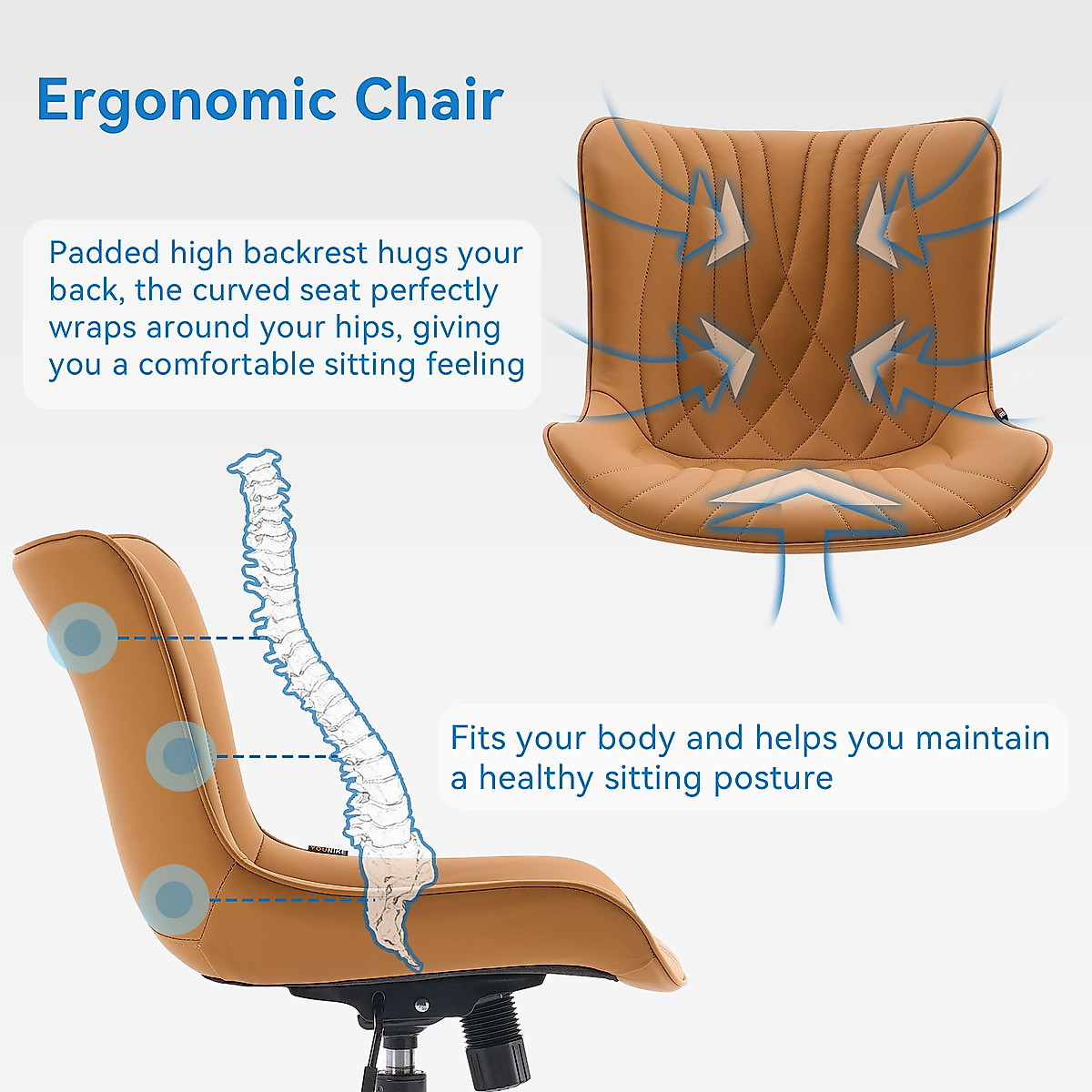 YOUNIKE Office Chair, Armless Desk Chair with Wheels, Home Office Computer Task Chairs, Modern Faux Leather Upholstered Vanity Chair, Adjustable Swivel Rocking Chair with Back, Saffron Tan