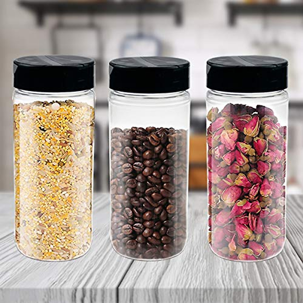 Foraineam 16 Pack 15 oz Plastic Spice Jars Containers Bottles with Black Flip Cap To Pour Or Sifter Shaker, Perfect for Storing Spice, Powders and Herbs