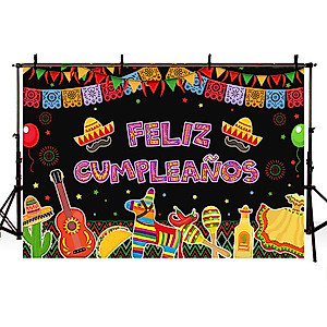 SENDY 7x5ft Feliz Cumpleaños Backdrop Mexican Fiesta Happy Birthday Party Decorations Supplies Cactus Balloons Mexico Cinco De Mayo Carnival Bday Cake Table Banner Photography Background Photo Props