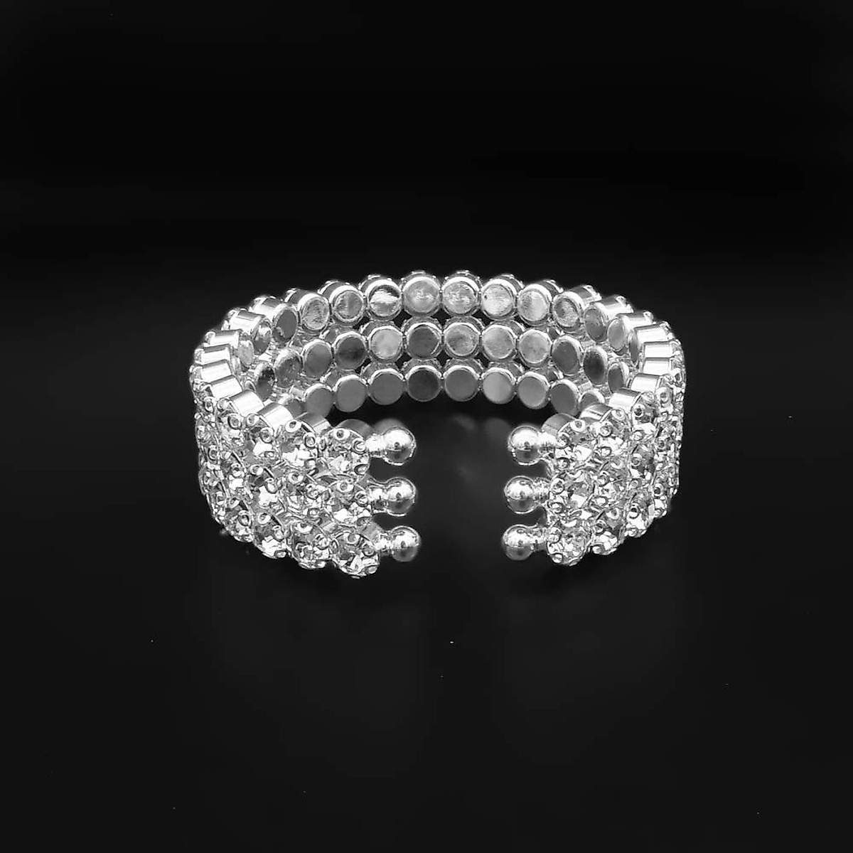 JSEA Womens Silver Tone 6mm Rhinestone Open Cuff Bracelet Bangles Gold Tone Wedding Party Jewelry (Silver 3)