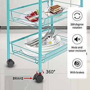 Ruishetop Rolling Push Cart Stand Shelves, Storage Rack with Wheels with Mesh Wire Basket, Multifunction Metal Trolley Organizer for Home, Office, Bedroom, Bathroom, Kitchen (4-Tier Rack Blue)