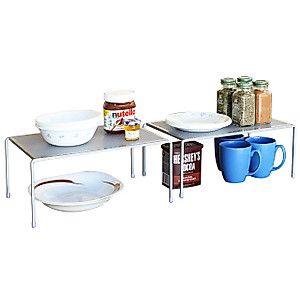 DecoBros Expandable Stackable Kitchen Cabinet and Counter Shelf Organizer,Silver