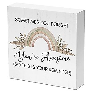 Boho Rainbow Theme Inspirational Desk Decor Wooden Box Sign - Motivational Table Sign For Kids Room Nursery Playroom Classroom-Sometime You Forget You're Awesome So This Is Your Reminder(TongMu-04)