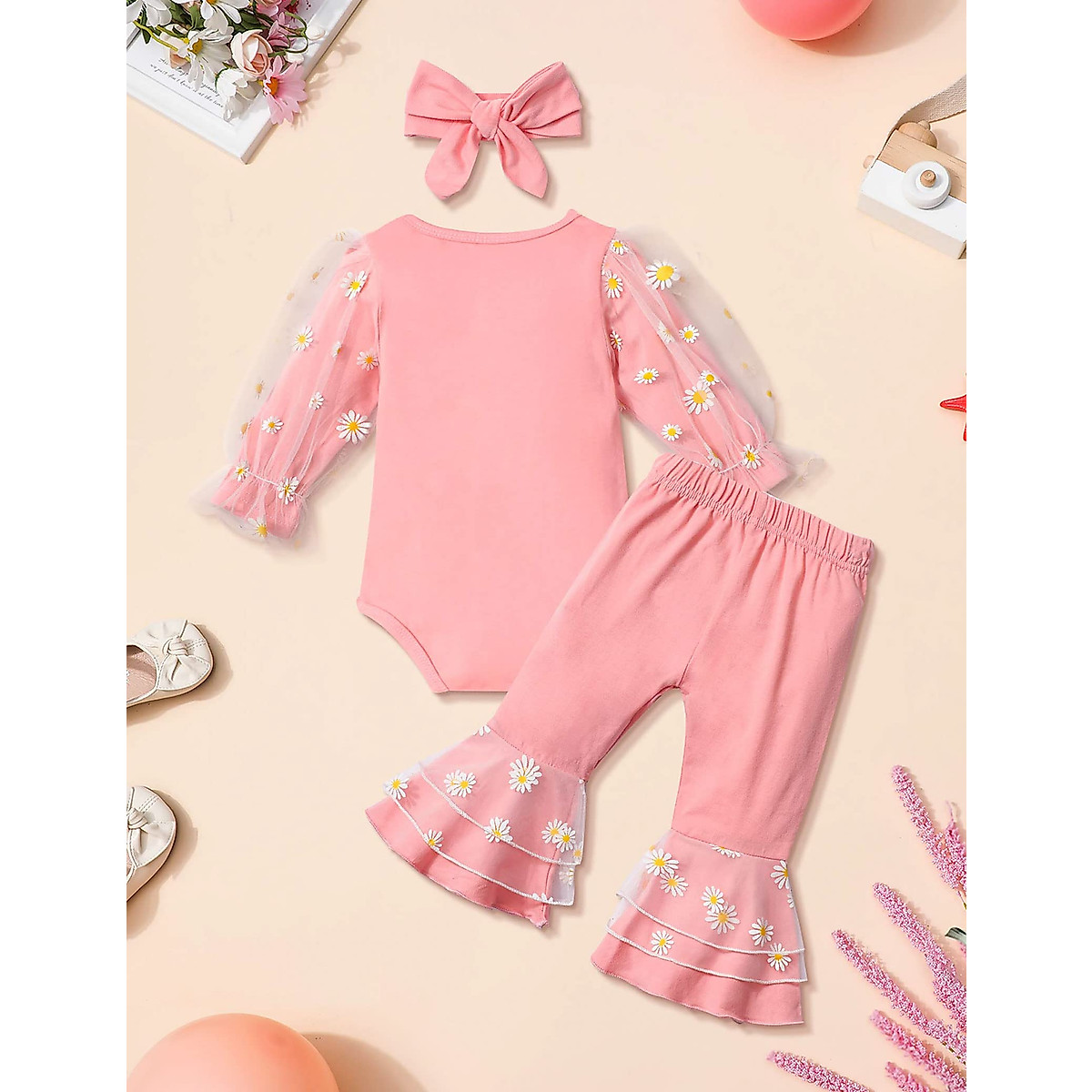 Baby Girl Outfit 3-6 Months,Baby Girl Bell Bottoms Mesh Daisy Outfits Long Sleeve Romper + Flare Pants + Headband 3Pcs Baby Girl Outfits Pink