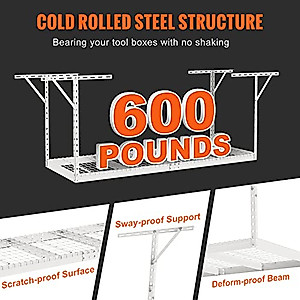 VEVOR Overhead Garage Storage Rack, 3x8 Garage Ceiling Storage Racks, Heavy Duty Adjustable Cold Rolled Steel Racks for Garage Storage, Organization, 600 lbs Load Capacity, 22''-40" (White)