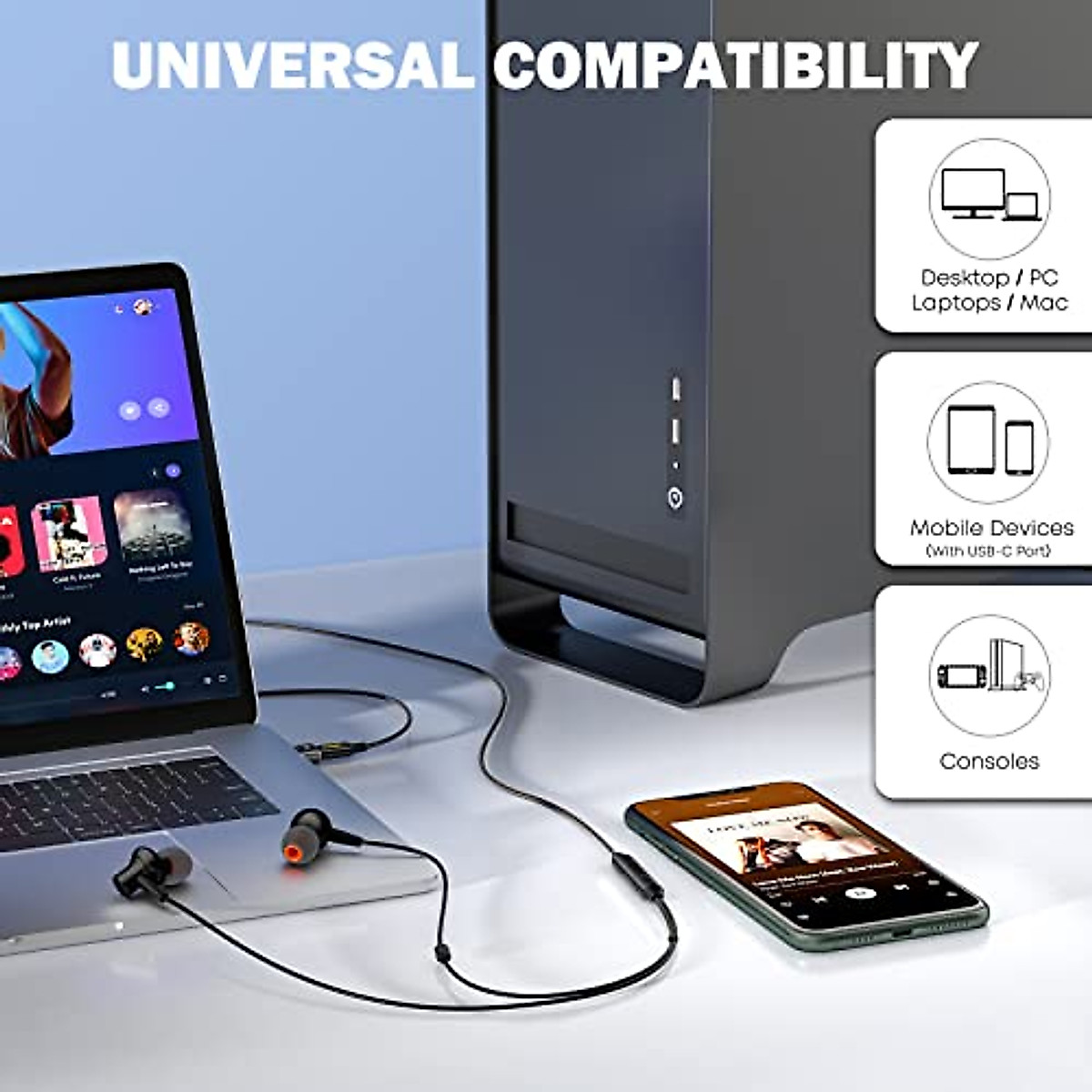 USB C Headphone, Type C Earphones with 7.1 Surround & Mute Button, HiFi Stereo Wired Earbuds with Microphone for Samsung Galaxy S22 S21 Ultra 5G S20 FE Z Flip 4 A53 Note 20, PC Computer Laptop Gaming