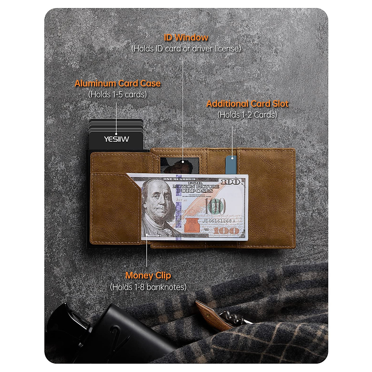 YESIIW AirTag Wallet For Men, Smart Wallet RFID Blocking Credit Card Holder, Silm Leather Front Pocket Wallet, Minimalist Trifold Wallet with ID Window, Money Clip, Apple Airtag Holder (Earth Yellow)