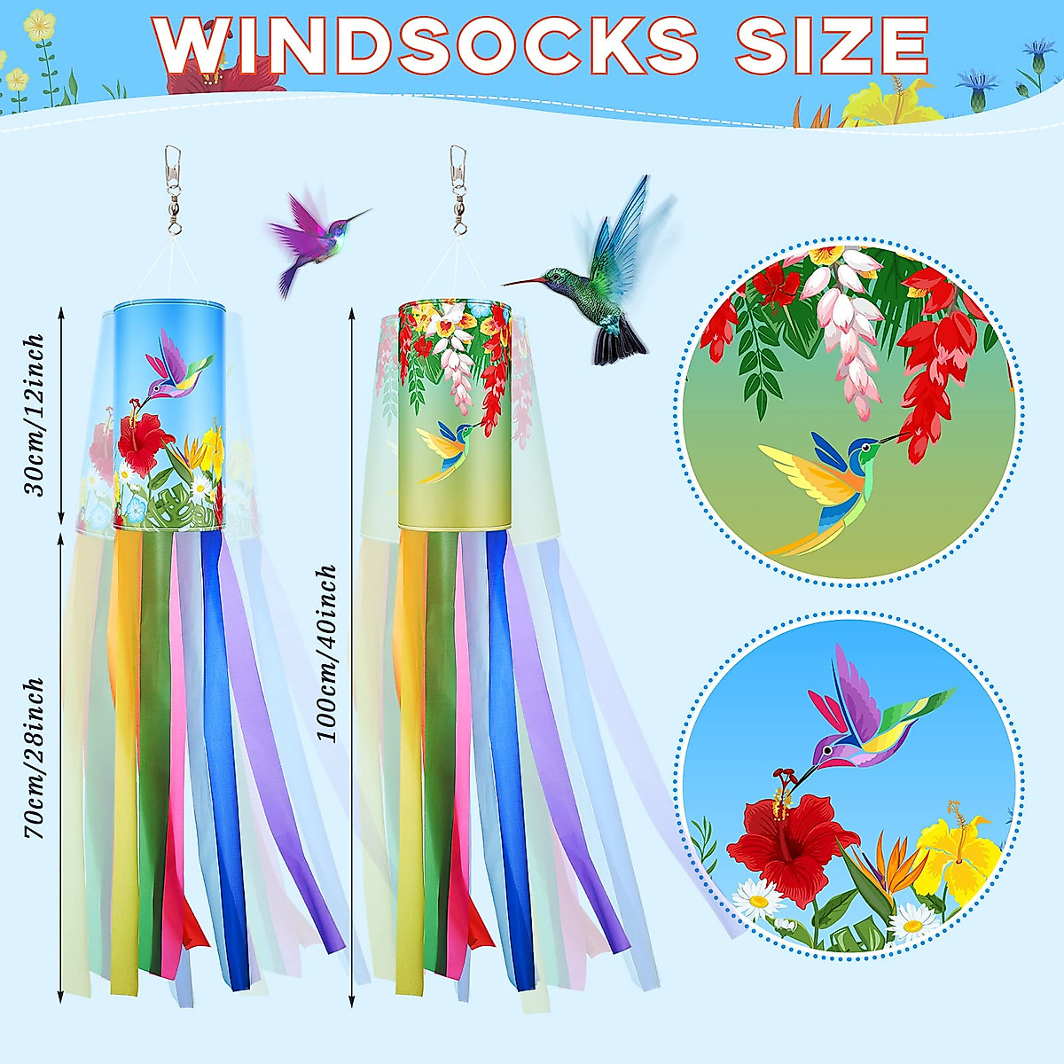 2 Pcs 40 Inches Twin Hummingbird Windsock, Decorative Spring Wind Socks Rainbow Outdoor Decor Windsock Flag Hanging Decor for Wall Tree Front Patio Lawn Garden