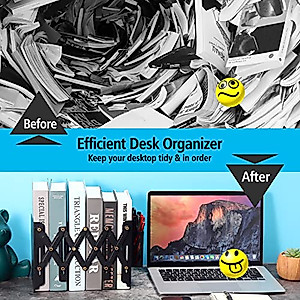 Adjustable Bookends - Metal Book End Holder with Removable Pen Holder Pocket for Office, School, Desktop Files Organizer / Book Shelf, Expandable Book Binder Holder