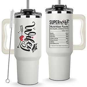 Christmas Gifts For Wife From Husband - Wife Tumbler 40Oz, Wife Gift on Birthday, Anniversary, Valentines, Present Idea for Wifey, Cool Wedding Coffee Cup with Straw and Handle, Drinking Mug for Women