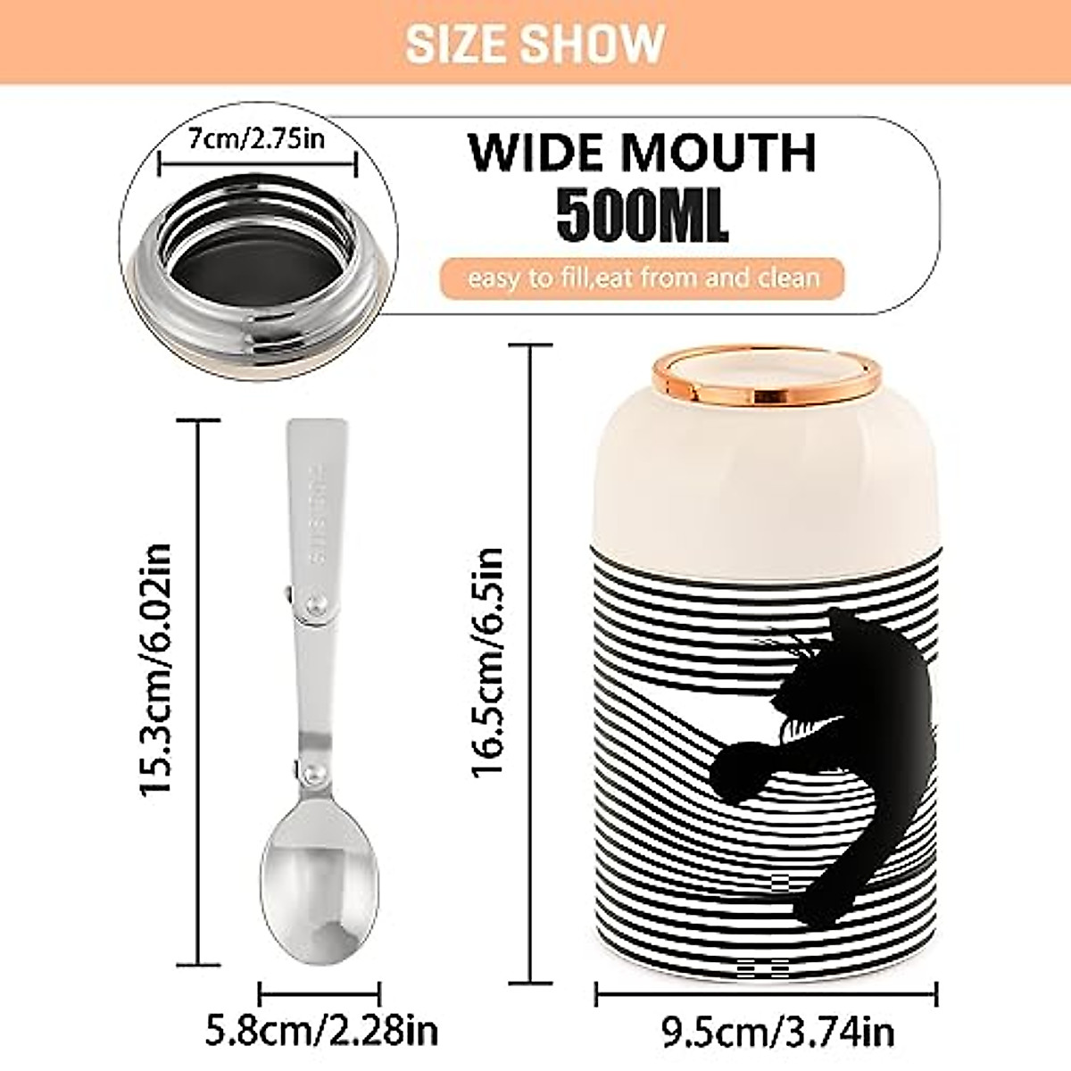 CUPADA Pop Art Cat Food Jar, Black White Stripe Insulated Hot Food Jars Vacuum 17OZ with Folding Spoon for Work Trip Picnic Camping
