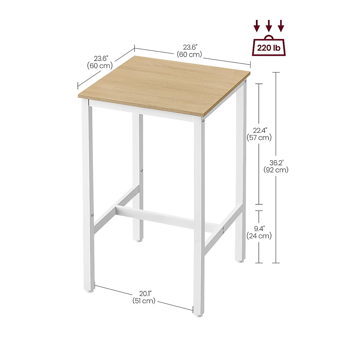 VASAGLE Bar Table, Small Kitchen Dining Table, High Top Pub Table, Height Cocktail Table for Living Room Party, Sturdy Metal Frame, 23.6 x 23.6 x 36.2 Inches for Narrow Spaces, Oak Beige and White