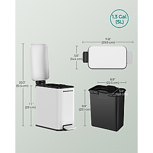 SONGMICS Bathroom Trash Can, 1.3 Gallon (5 L) Small Trash Bin with Lid, Slim for Small Spaces, Stainless Steel Garbage Can, Soft Close, White ULTB560W05
