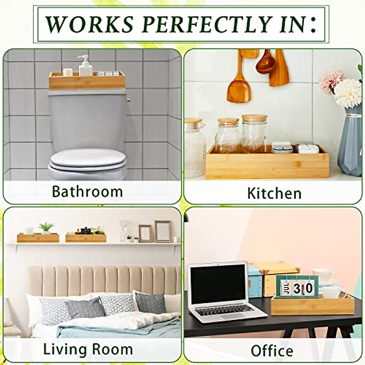2 Pcs Bamboo Toilet Tank Tray Bathroom Trays Bamboo Bathroom Organizer Wood Toilet Paper Basket with Handles Bamboo Bathroom Box with 10 Pcs Silicone Non Slip Pad for Bathroom Accessories
