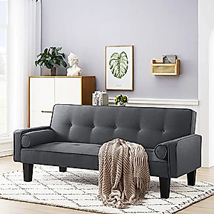 Lamerge Futon Sofa Bed with 2 Pillows, Modern Upholstered Loveseat with 3 Angle Adjustable Backrest, Convertible Sleeper Sofa Couch for Compact Small Space, Apartment and Living Room, Dark Grey