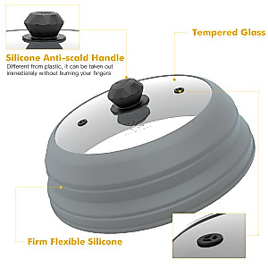 Microwave Splatter Cover Vented Glass Cover Splatter Guard Lid with Collapsible Silicone for Food as Pot Cover Plate Cover 10.5 inch for 6 7 8 9 10 inch Plate Bowl Light Grey