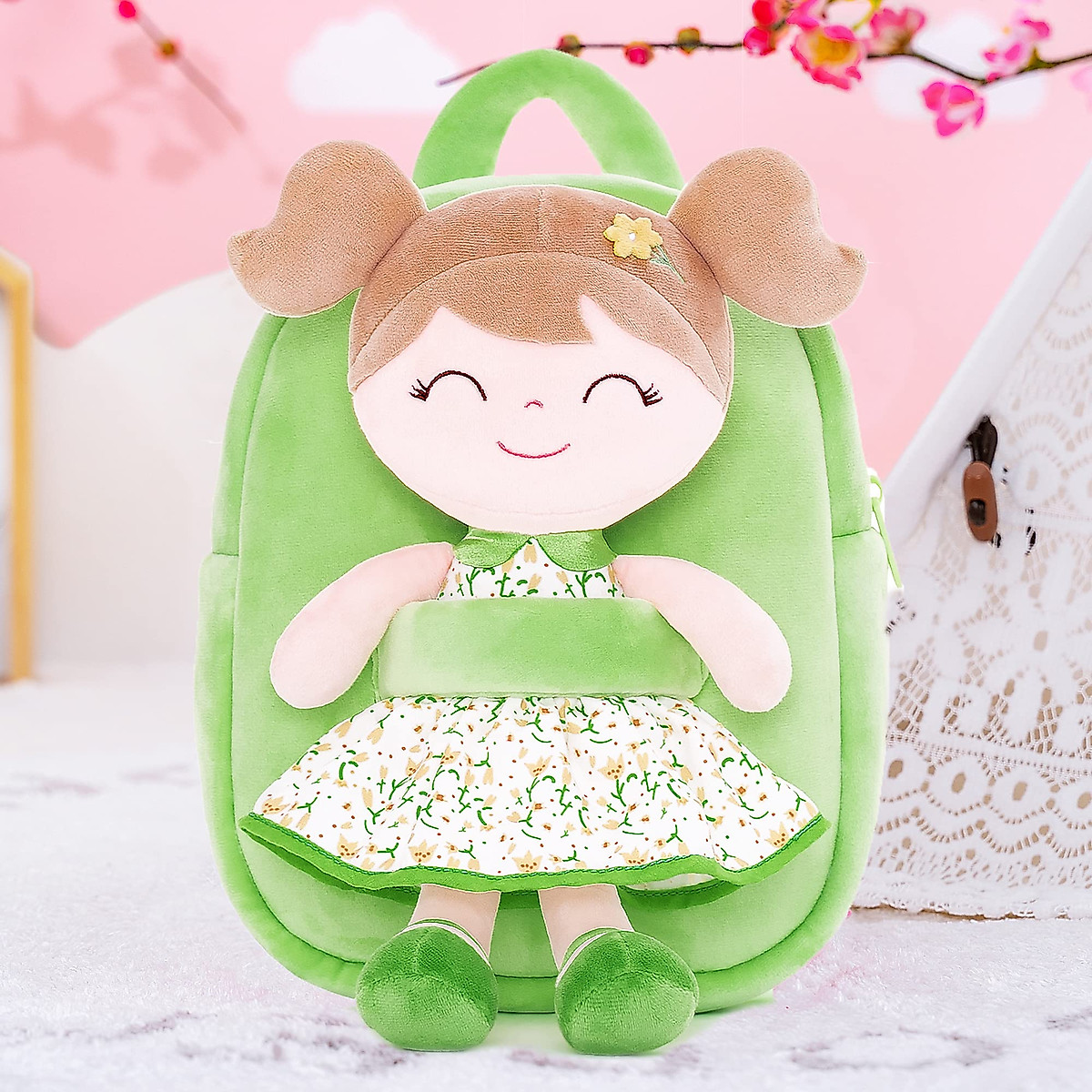 Gloveleya Kids Backpack Toddler Backpack Soft Plush Flower Fairy Girls Doll Backpack Green 9"