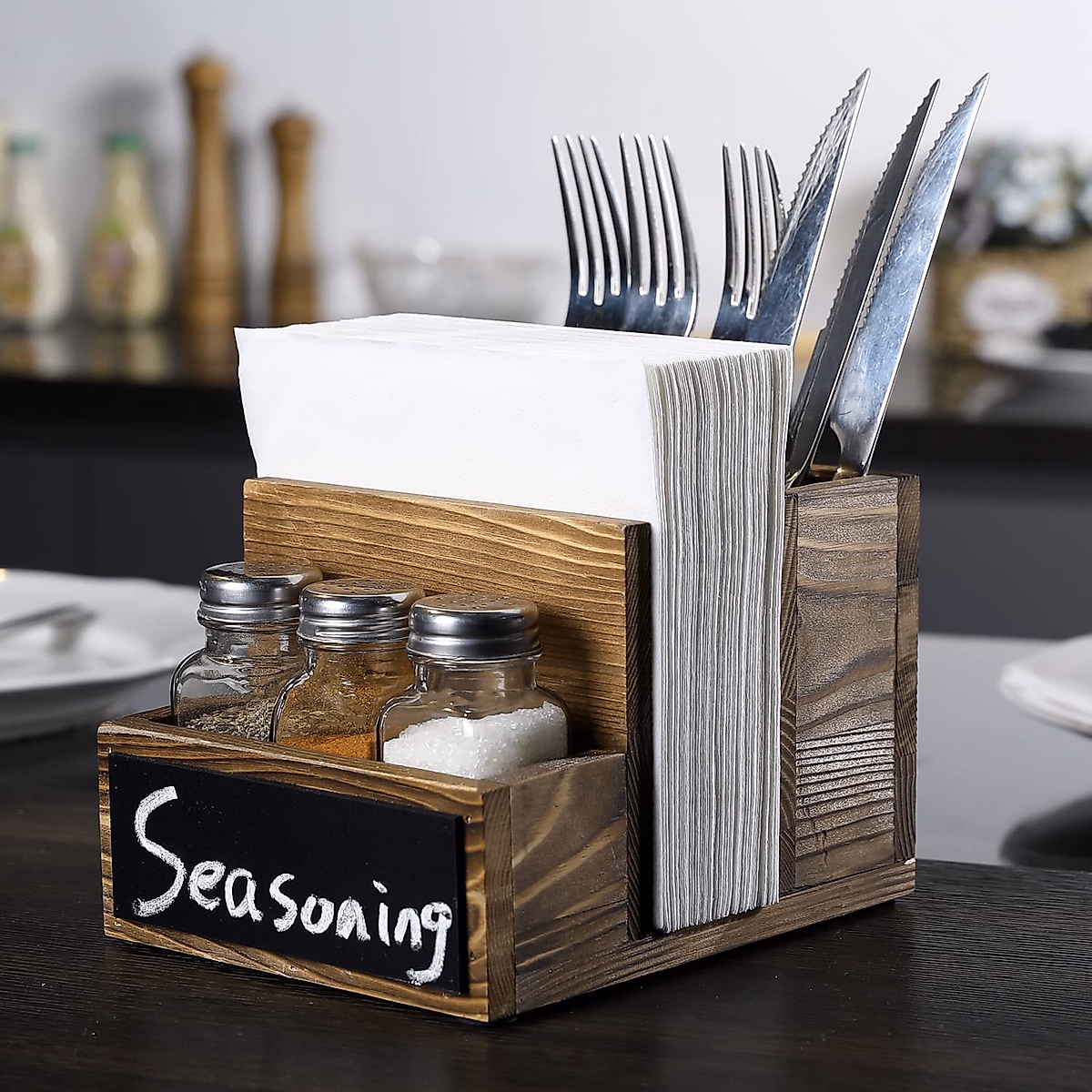 MyGift 4 Piece Set Rustic Brown Solid Wood Napkin and Salt & Pepper Shaker and Flatware Holder Caddy with 4 Compartments, 3 Seasoning Jar Bottles and Chalkboard Label