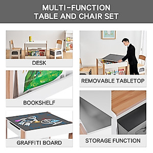 XJD Kids Table and Chair Set, 5 in 1 Toddler Desk with Storage Drawer, Wooden Activity Table with 2 in 1 Detachable Tabletop and Bookshelf, Ideal for Classroom, Home, Nursery, Playroom