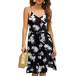 YATHON Casual Dresses for Women Sleeveless Cotton Summer Beach Dress A Line Spaghetti Strap Sundresses with Pockets (M, YT090-Black Floral 01)
