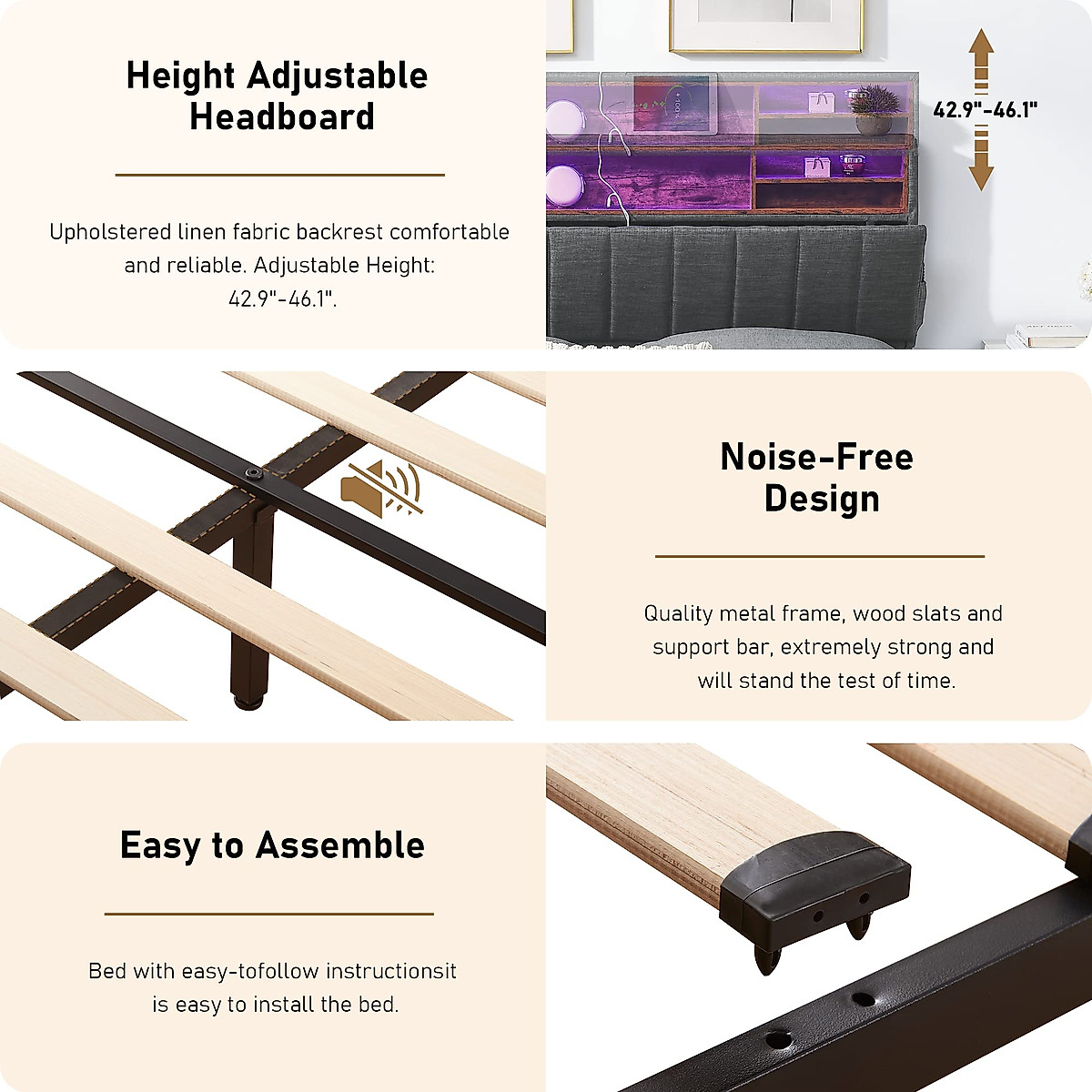 Queen Bed Frame with Tall Bookcase Headboard and Charging Station, LED Bed Frame with 2 Storage Drawers, Upholstered Mattress Foundation with Wooden Slats Support, No Box Spring Needed,Dark Grey