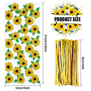 100 Pieces Sunflower Cellophane Bags Sunflower Party Reception Bags Sunflower Party Treat Candy Bags Sunflower Plastic Goodie Storage Bags with 150 Pieces Gold Twist Ties for Party Favors