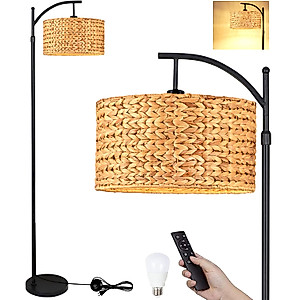 QIYIZM Floor Lamp for Living Room Bedroom Farmhouse Arc Rattan Boho Standing Lamp with Remote Dimmable Black Wicker Bamboo Lamp Shade Floor Light Adjustable Tall Lamp Industrial Floor Lamps Bohemian