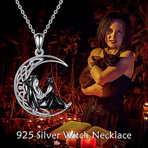URONE Witch Necklace Sterling Silver Witch and Black Cat Celtic Moon Pendant Halloween Jewelry for Women