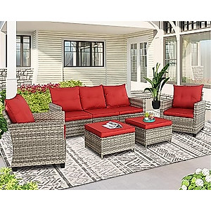 HTTH Patio Furniture Sets PE Rattan Wicker Outdoor Conversation Set Patio Sectional Sets Patio Sofa Couch Set with 2 Ottomans for Porch, Balcony, Lawn (Gray-Red)