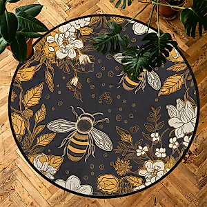 OMFUNS Animal Bee Round Area Rug Bedroom 5.2 Ft, Daisy Floral Circle Floor Mat Non-Slip Washable Accent Throw Rugs Carpet for Living Room Kids Room Nursery Entryway Laundry