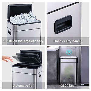 ELPHECO 13 Gallon Kitchen Trash Can, 50 Litre Stainless Steel Motion Sensor Trash Can, Automatic Trash Can for Kithchen, Living Room, Office, 6 AA Batteries (Excluded)