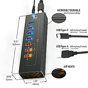 LATORICE Powered USB Hub - Multi-Port USB Hub with 7 USB 3.0 Ports, 3 Fast Charging USB 3 0 Ports, with Cords C and A, Power USB HUB Adapter