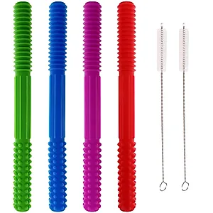 Munchewy Sensory Teething Tubes(4 Pack), Soft Silicone Hollow Teether Chew Toy for Babies, Toddlers, Kids, Boys, Girls with Autism, ADHD, SPD, Biting, Teething, Sensory Needs(Blue,Green,Purple,Red)