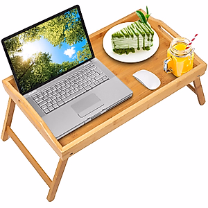 Bed Tray Bamboo Breakfast Food Tray with Folding Legs Kitchen Platters Serving Tray for Bed TV Table Desk Laptop Computer Snack Tray (White Beige, Large)