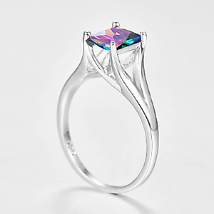 Empsoul Silver Plated 6x8mm Emerald Shaped Created Rainbow Topaz CZ Filled Proposal Wedding Engagement Bridal Women Ring Size 6