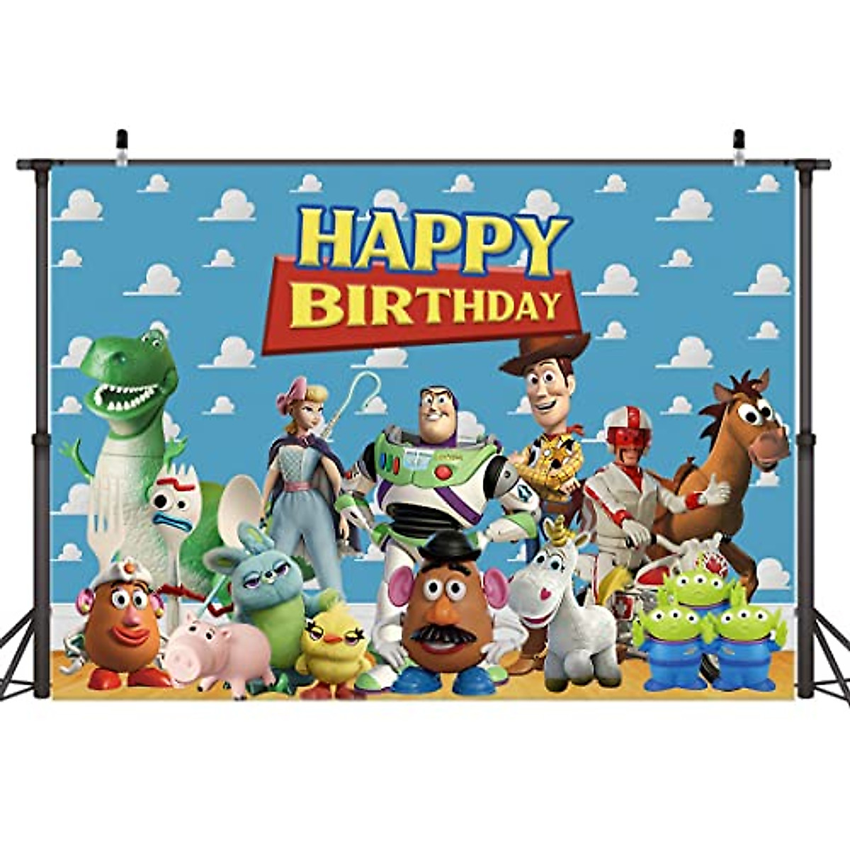 7x5ft Toy Story Theme Happy Birthday Party Photography Backdrops Blue Sky White Clouds Indoor Banner Kids Birthday Party Photo Background Cake Table Decoration Supplies Studio Booth Props