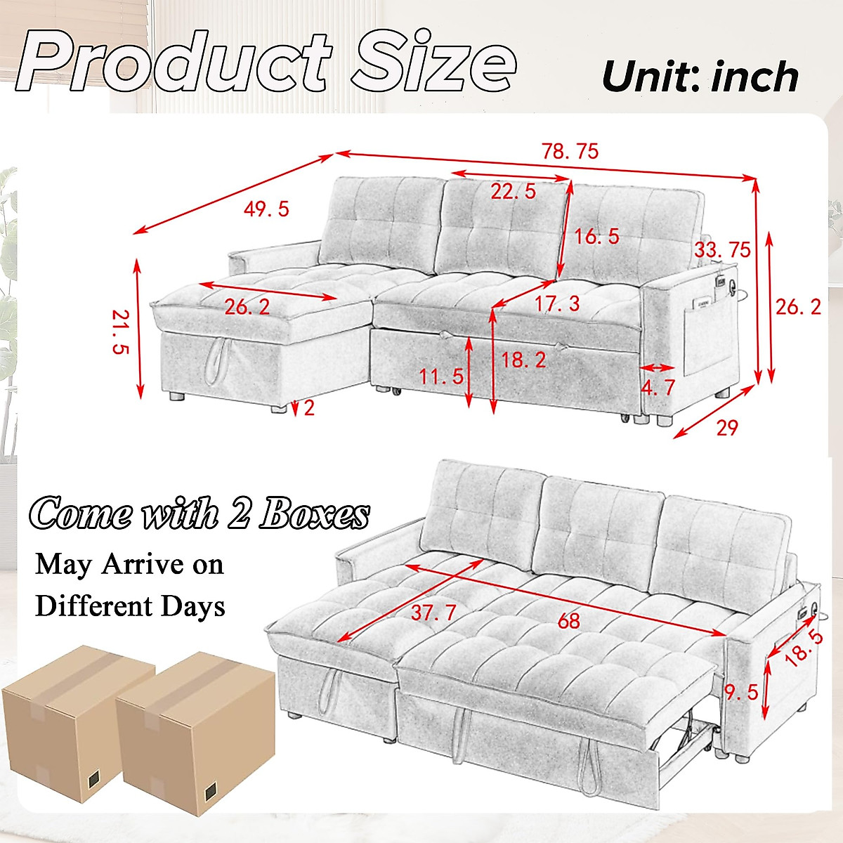 lunhung 78" L-Shaped Sofa,Reversible Sleeper Sectional Sofa with Pull-Out Bed,Comfy Tufted Sectional Couch with USB Port,Storage Chaise&Side Pocket,Furniture Set for Living Room,Small Space