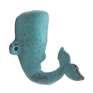 Turquoise Whale Cast Iron Wall Hooks, Wall Mounted for Hanging Coats, Purses, Towels, Hats, Beach Themed Wall Décor, Set of 2, 4 Inches High