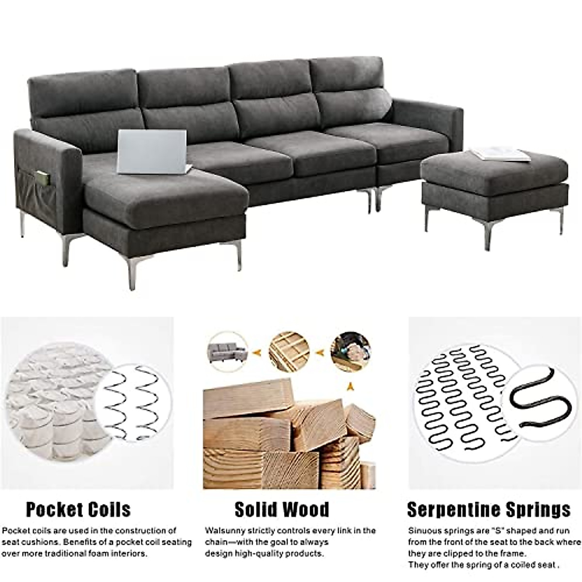 URRED Modular Sectional Sofa,Convertible U Shaped Modular Sectional Couch with Ottomans,6 Seat Oversized Sofa Couch with Chaise for Living Room, Grey