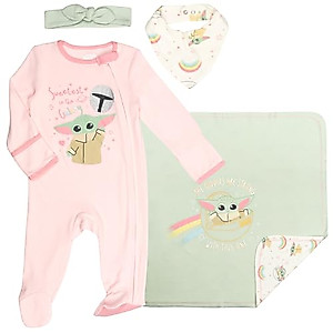 STAR WARS The Child Newborn Baby Girls Sleep N' Play Coverall Headband Bib and Blanket 4 Piece Pink/Green 0-6 Months